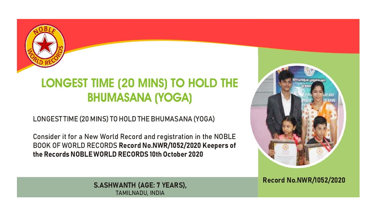 LONGEST TIME (20 MINS) TO HOLD THE BHUMASANA (YOGA) – NON-OLYMPIC TIMES